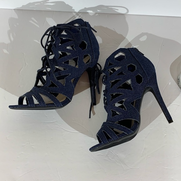 Qupid | Shoes | Qupid Denim Cut Out Design Open Toe Heels 6 | Poshmark